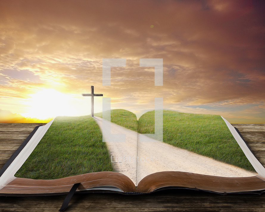 Stock Photo - Road leading to the cross on an open bible at... by ...